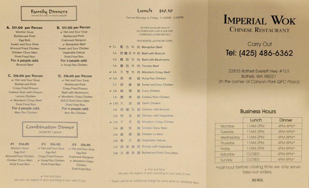 Menu at Imperial Wok restaurant, Bothell
