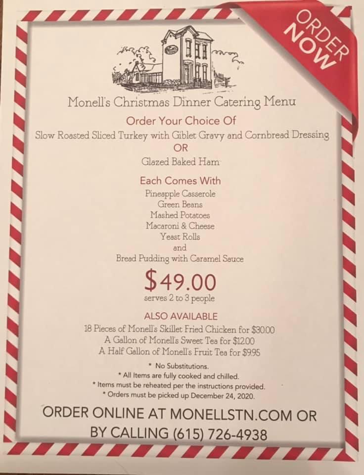 Menu at Monell's At the Manor restaurant, Nashville