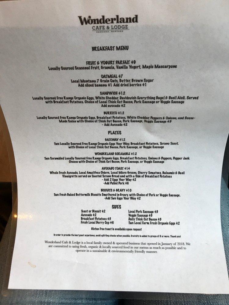 Menu at Wonderland Cafe & Lodge, Gardiner