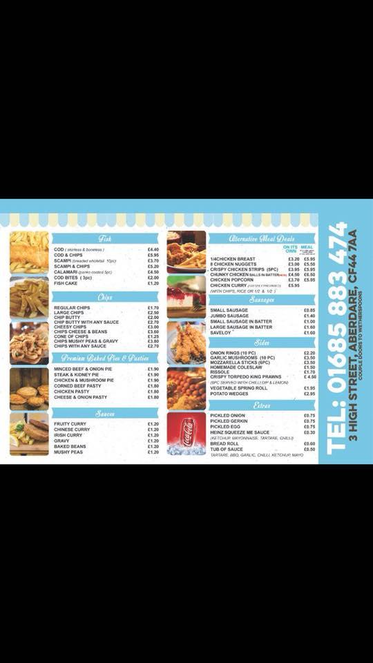 Menu at Crispy Cod restaurant, Aberdare