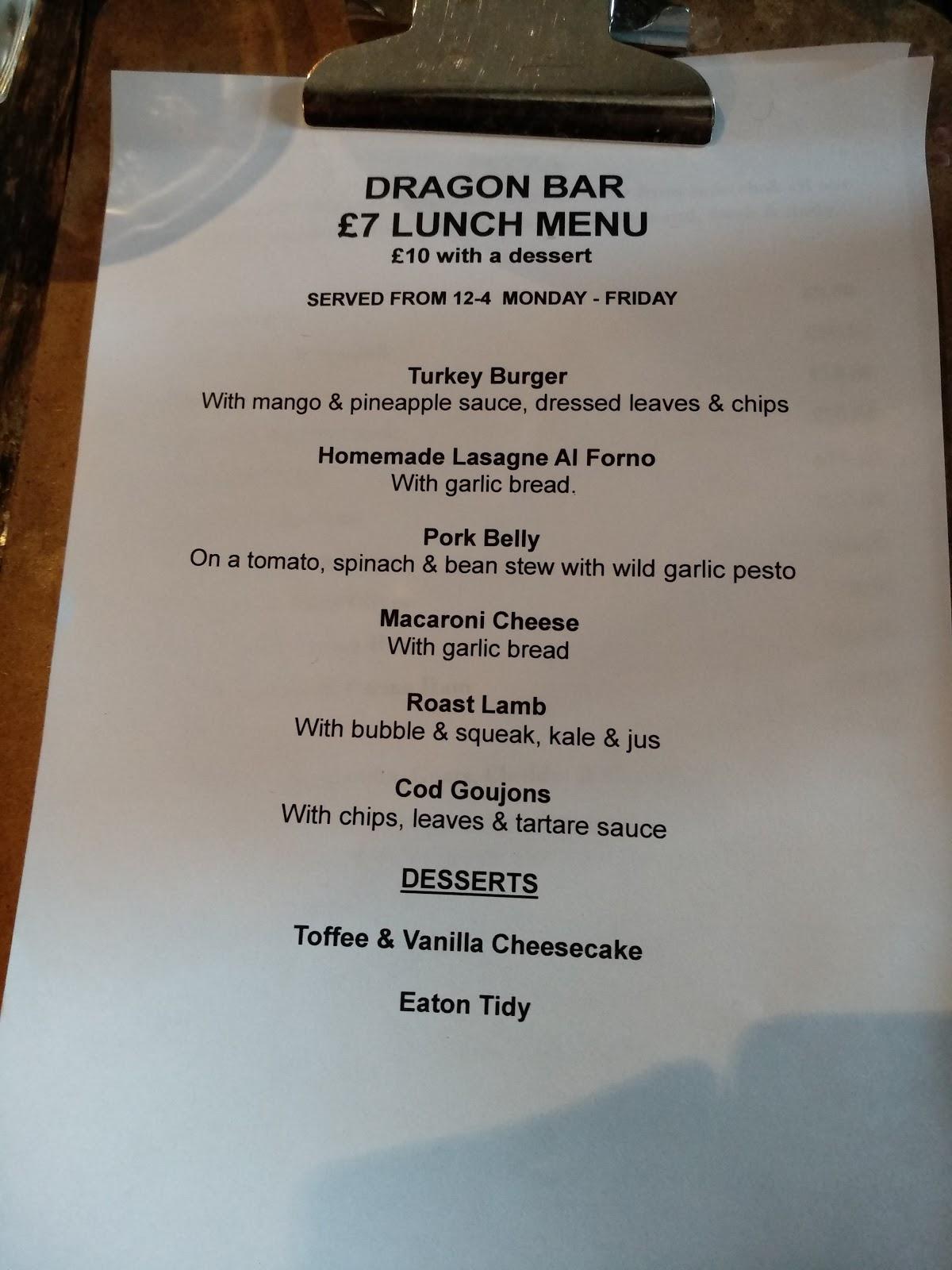 Menu at Dragon Bar, Hastings