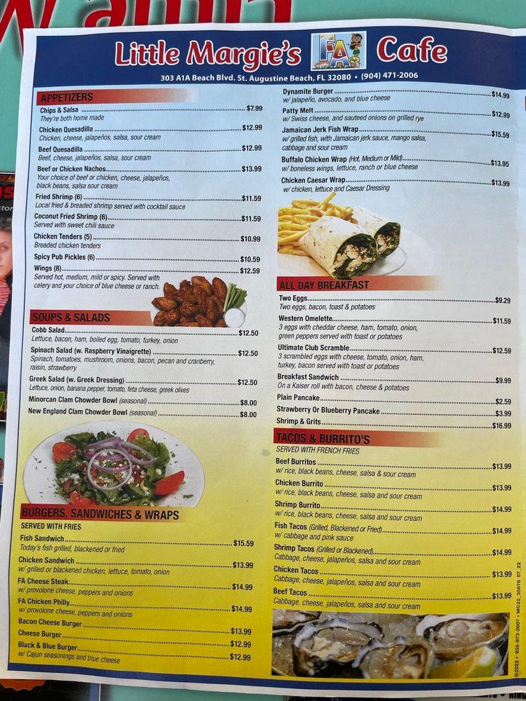 Menu at Little Margie's FA Café restaurant, St. Augustine