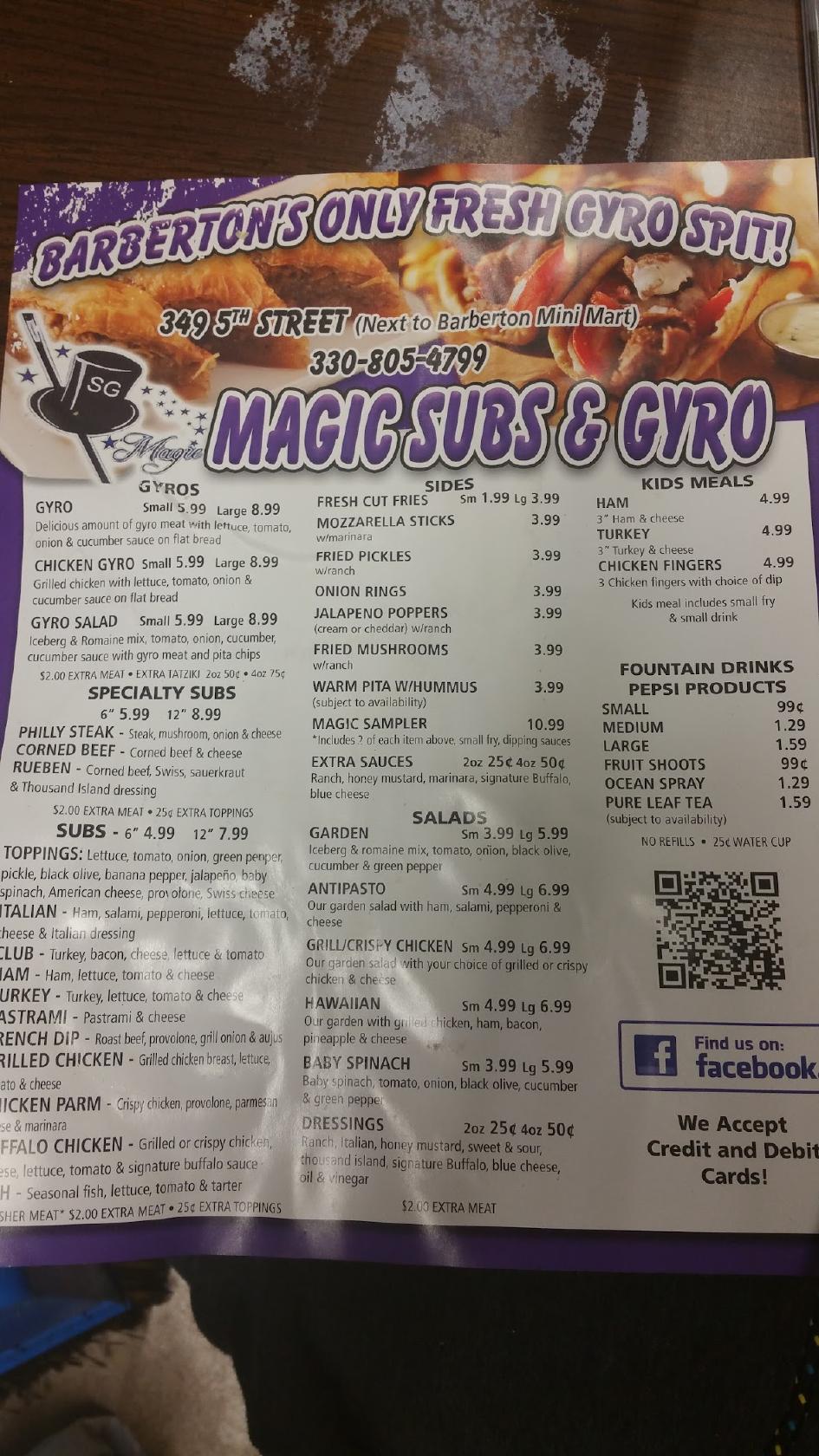 Menu at Magic subs and gyros fast food, Barberton
