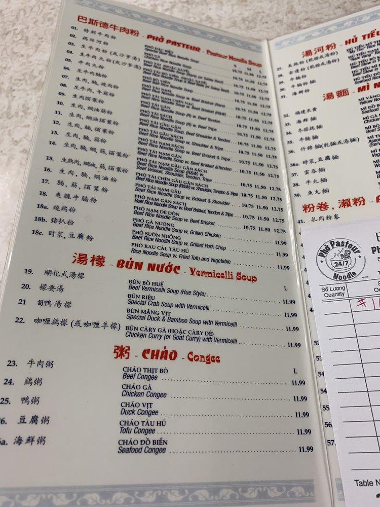 Menu at Pho Pasteur Restaurant, Toronto