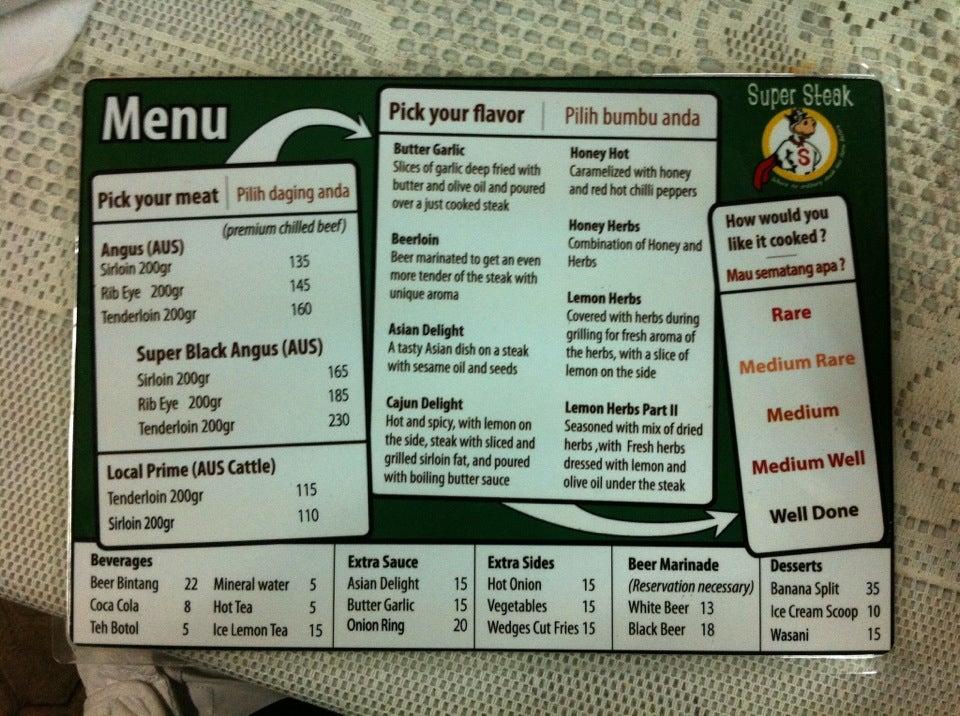 Menu at Super Steak BBQ, Jakarta, Jl. Hang Jebat I No.3