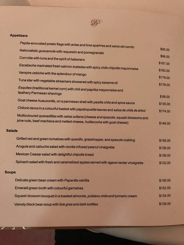 Menu at Dulce Patria restaurant, Mexico City
