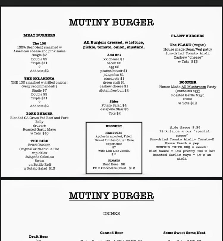 Menu at Mutiny Burger restaurant, Paso Robles