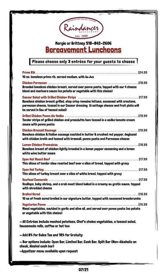 Menu at Raindancer Restaurant, Amsterdam, State Highway 30