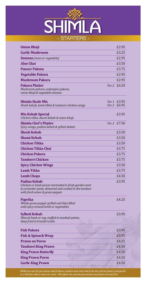 Menu at Shimla Indian Cuisine restaurant, Holmfirth
