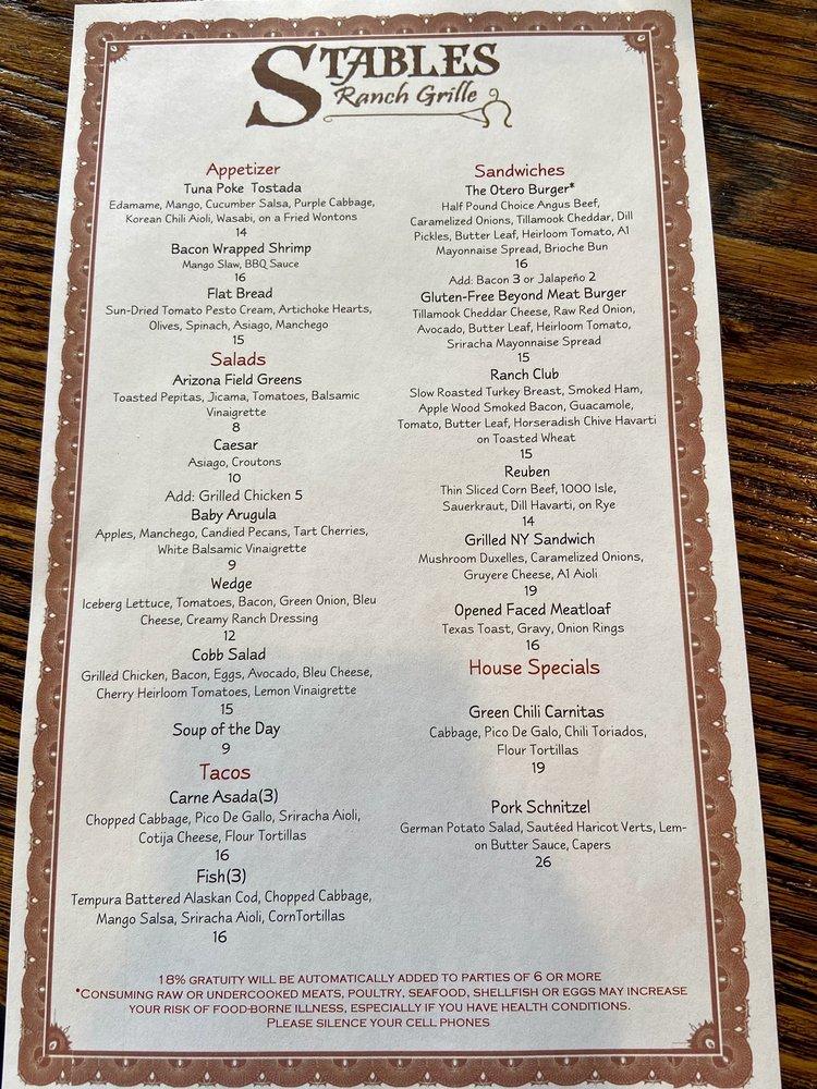 Menu at Tubac Golf Resort & Spa pub & bar, Tubac, 65 Avenida de Otero