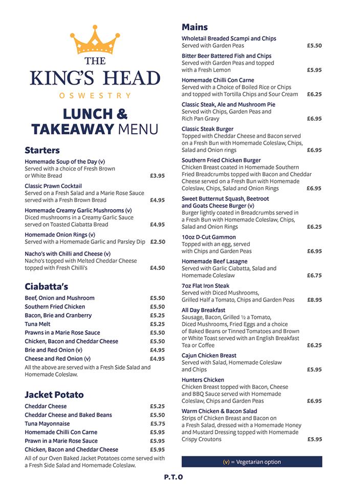 Menu at The Kings Head pub & bar, Oswestry