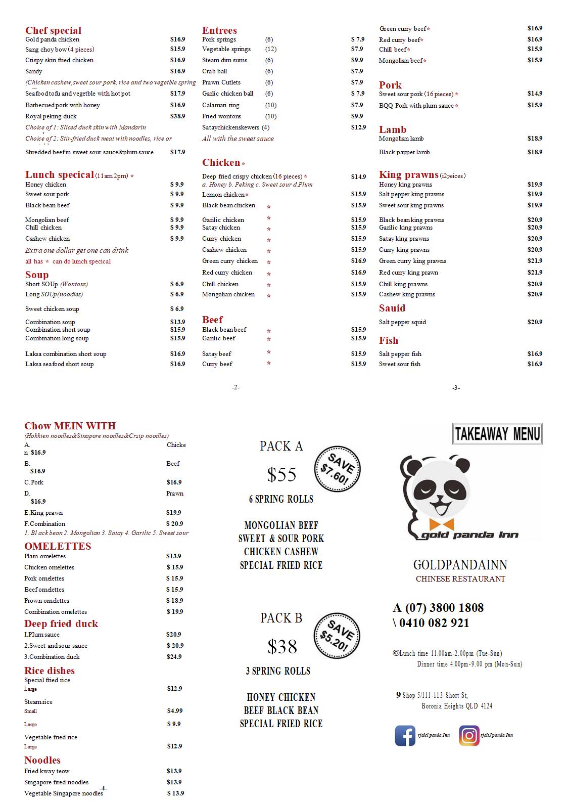 Menu at GOLD PANDA INN restaurant, Boronia Heights