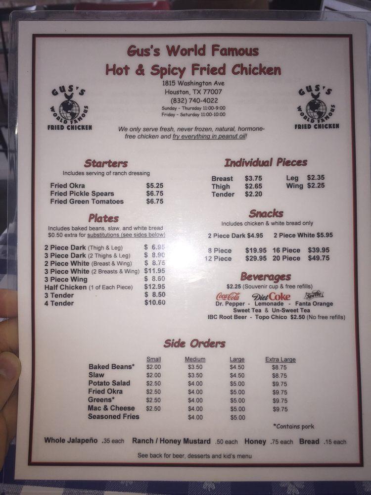 Menu at Gus's World Famous Fried Chicken restaurant, Houston ...