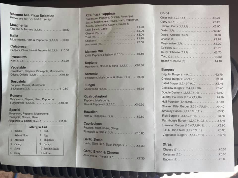 Menu at Mamma Mia Take Away pizzeria, Newmarket on Fergus