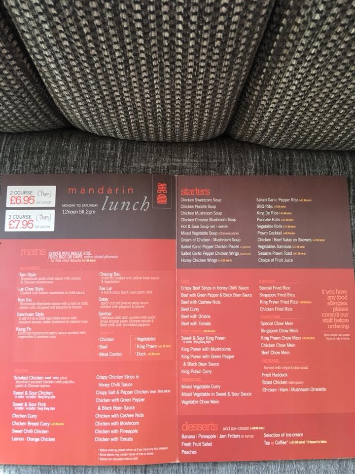 Menu at Mandarin restaurant, Helensburgh
