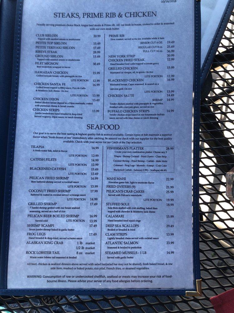 Menu at Pelican's Restaurant, Midwest City