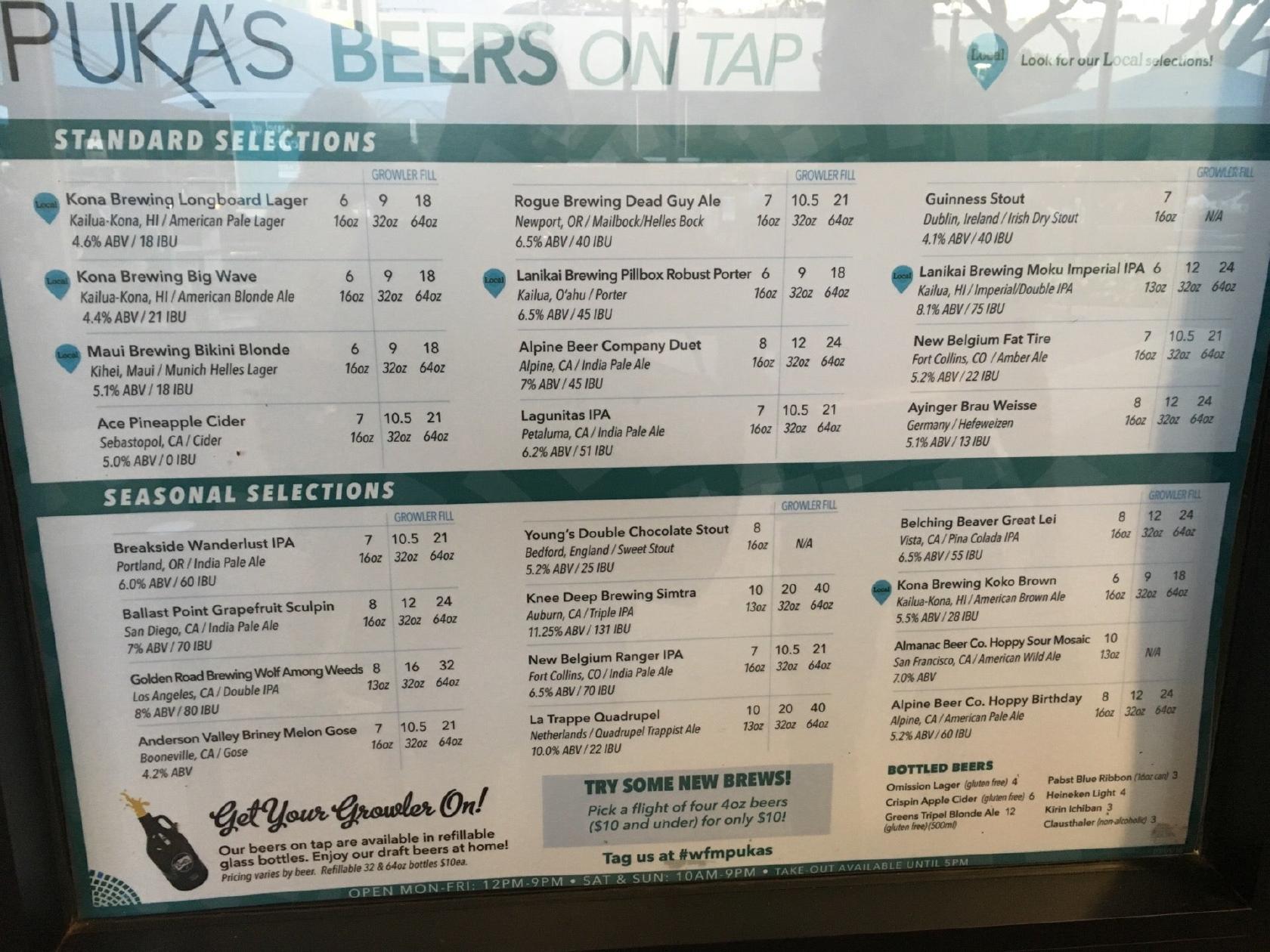 Menu at Puka's pub & bar, Honolulu