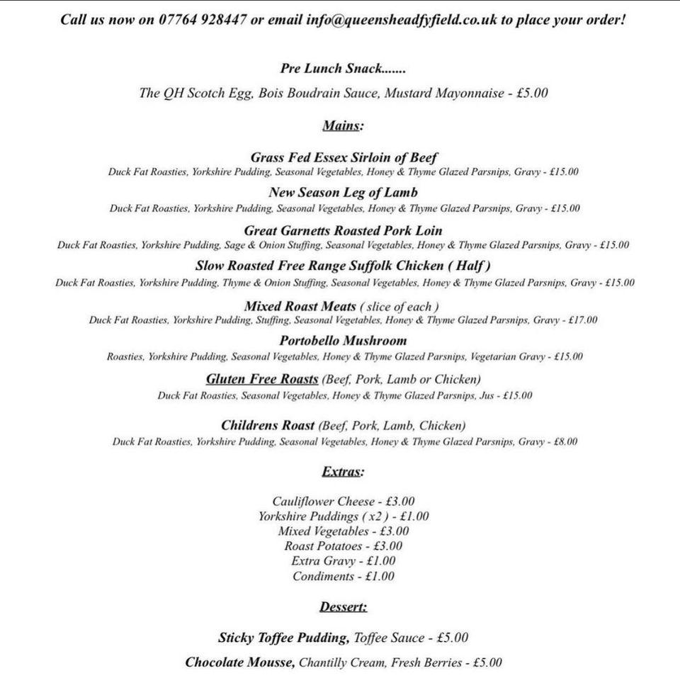 Menu at The Queen's Head pub & bar, Ongar