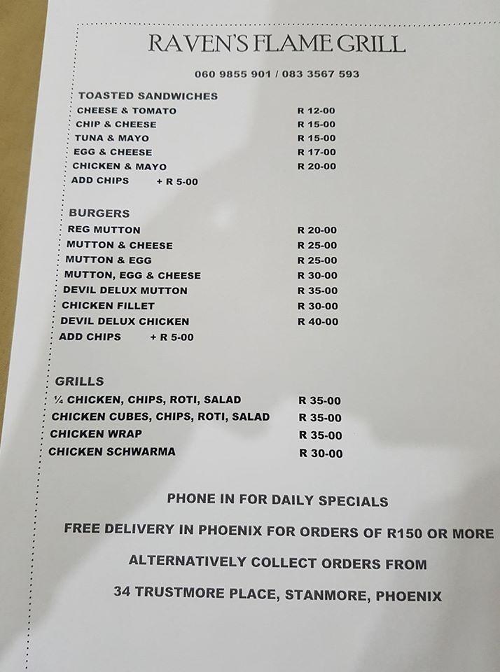 Menu at Raven's Flame Grill restaurant, Umhlanga
