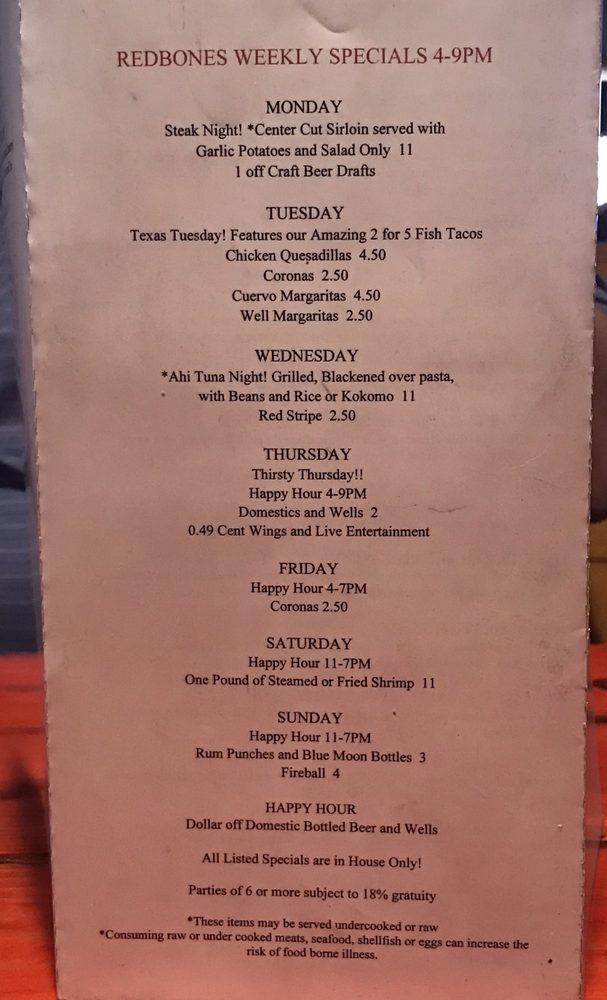 Menu at Red Bones Raw Bar Seafood Grille, Chesapeake