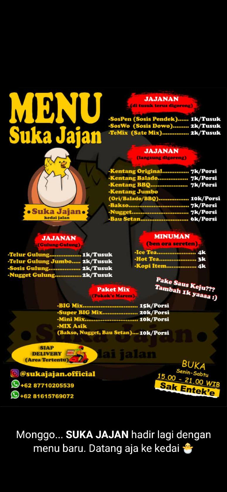 Menu at SUKA JAJAN (Kedai Jalan) cafe, Adinuso
