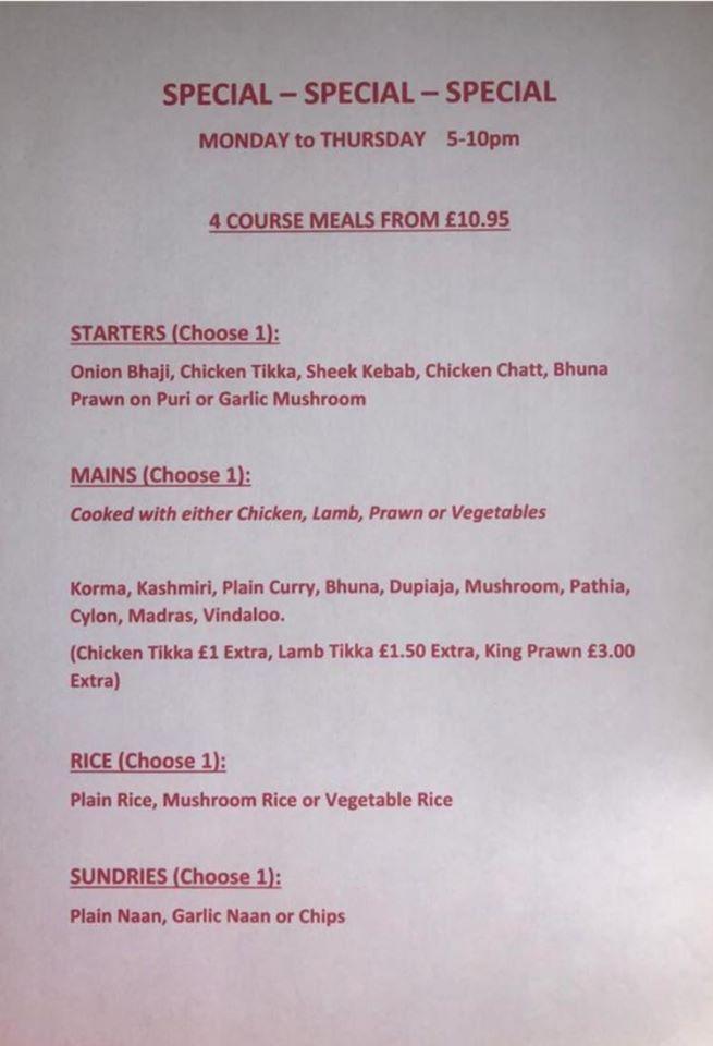 Menu at Shaj restaurant, Newbiggin-by-the-Sea