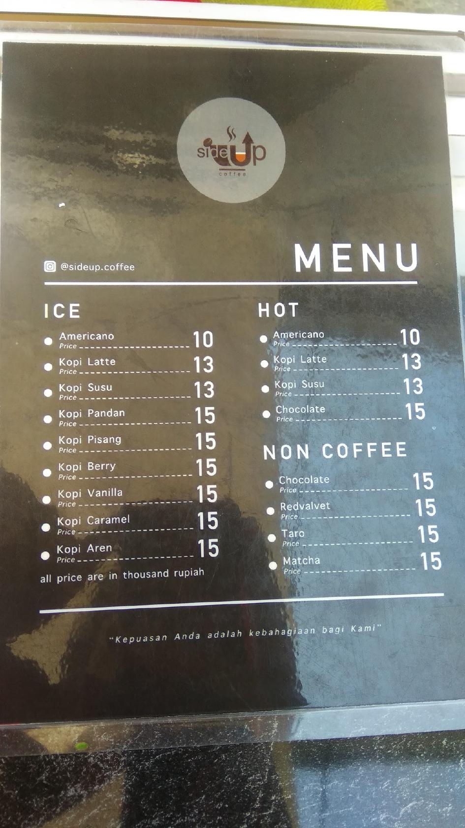Menu at SideUp.Coffee cafe, Balikpapan
