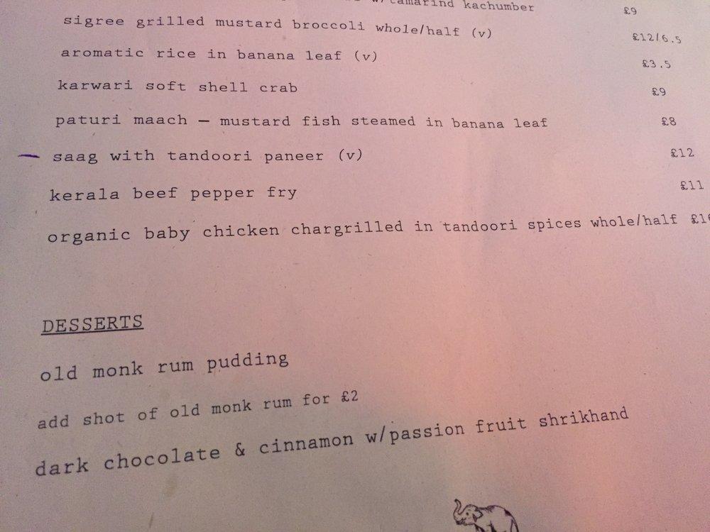 Menu at Gunpowder Spitalfields restaurant, London