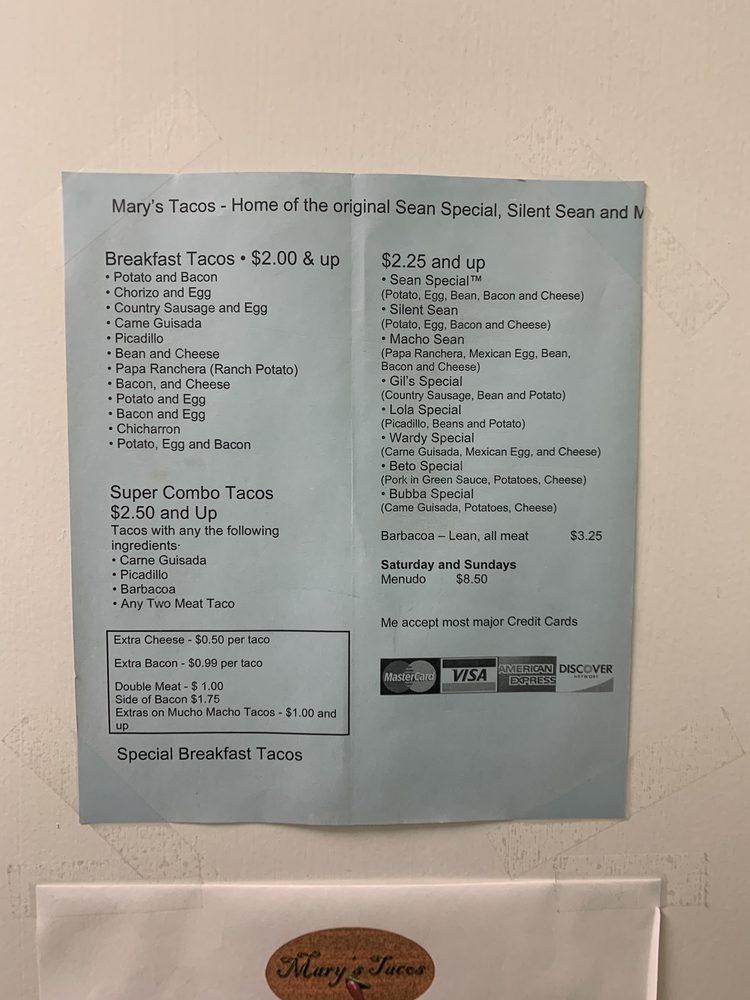 Menu at Mary's Tacos restaurant, Boerne