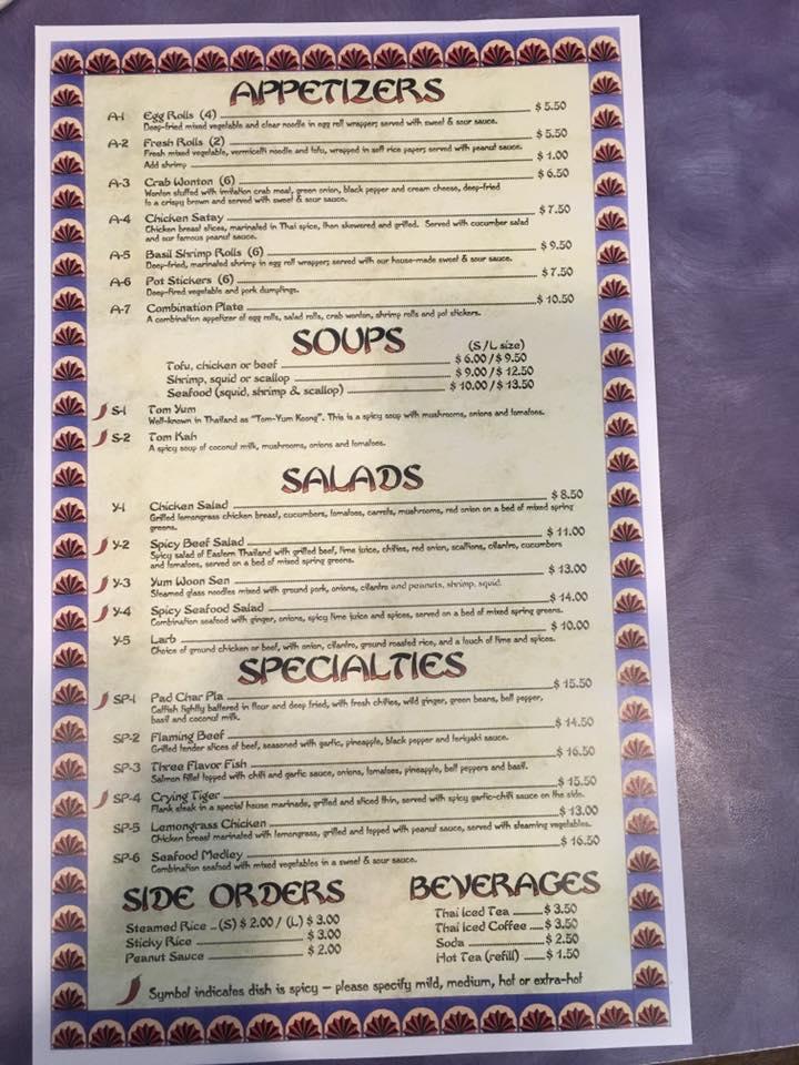 Menu at Thai Bay Restaurant, Lincoln City
