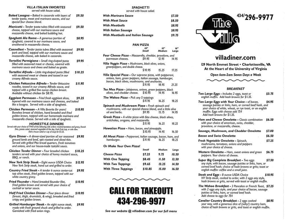 Menu at Villa Diner restaurant, Charlottesville
