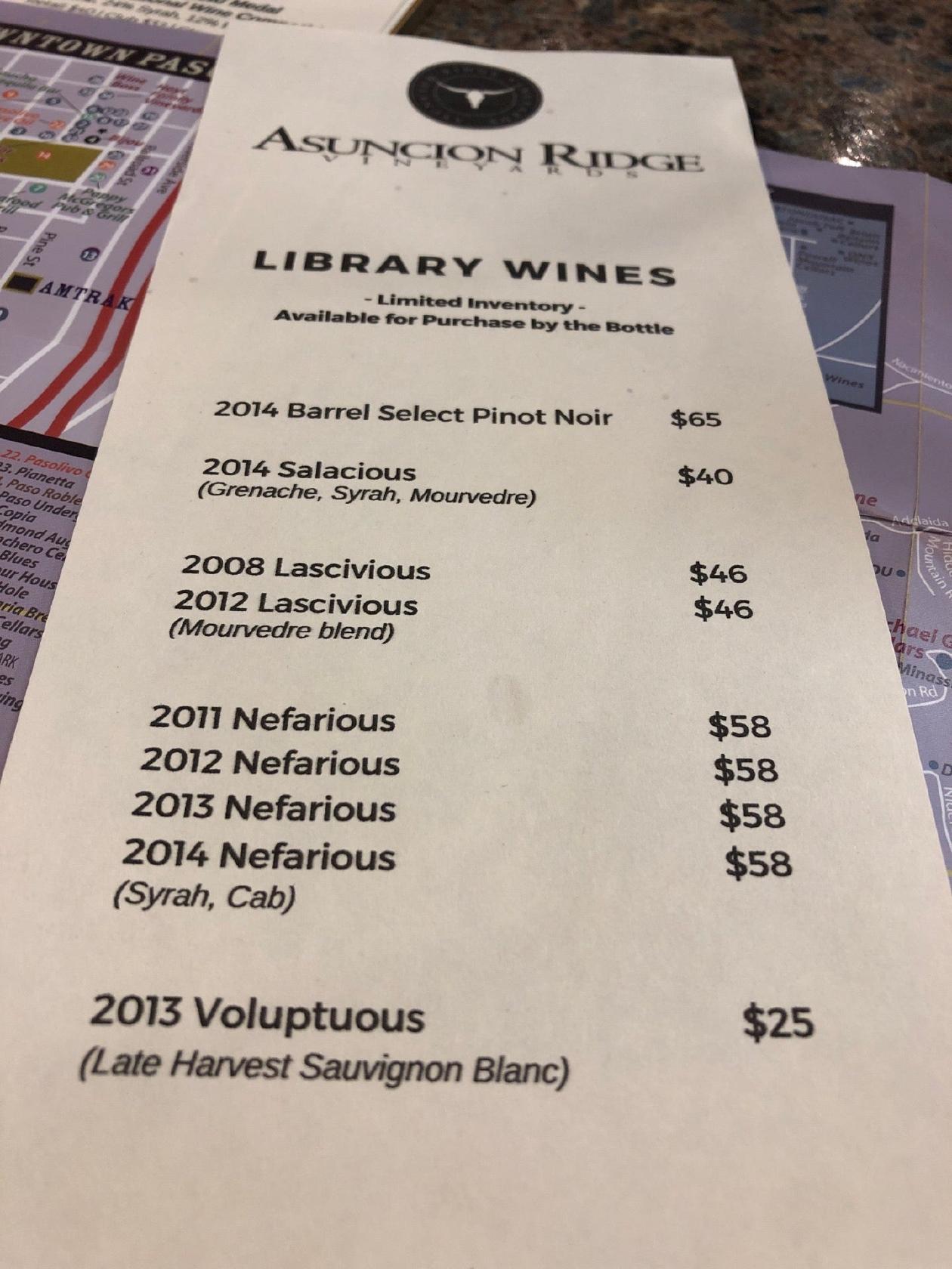 Menu at Asuncion Ridge Vineyard pub & bar, Paso Robles