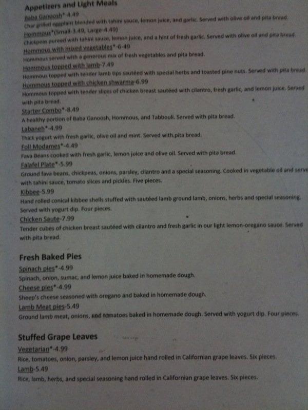 Menu at Beirut Rock Cafe, Arlington