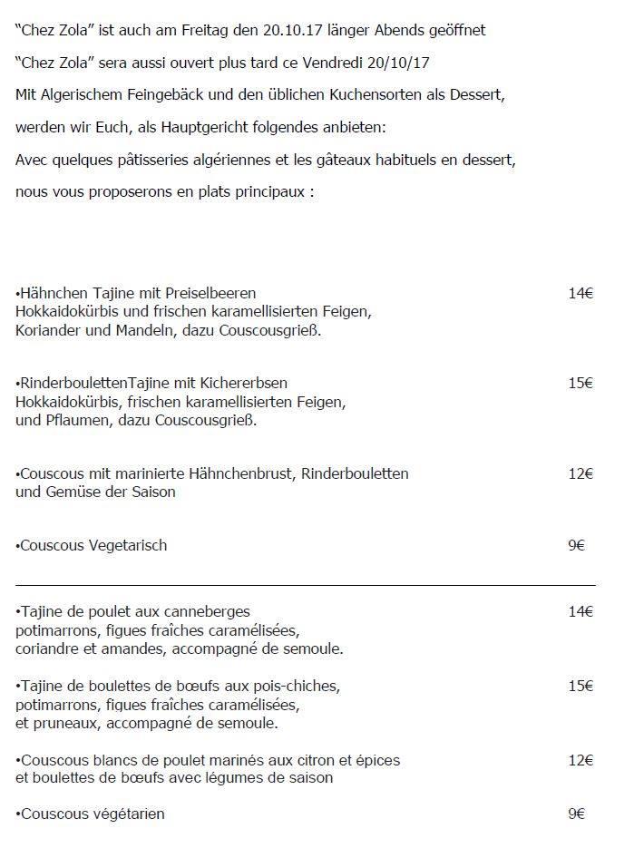 Menu at Chez Zola restaurant, Berlin