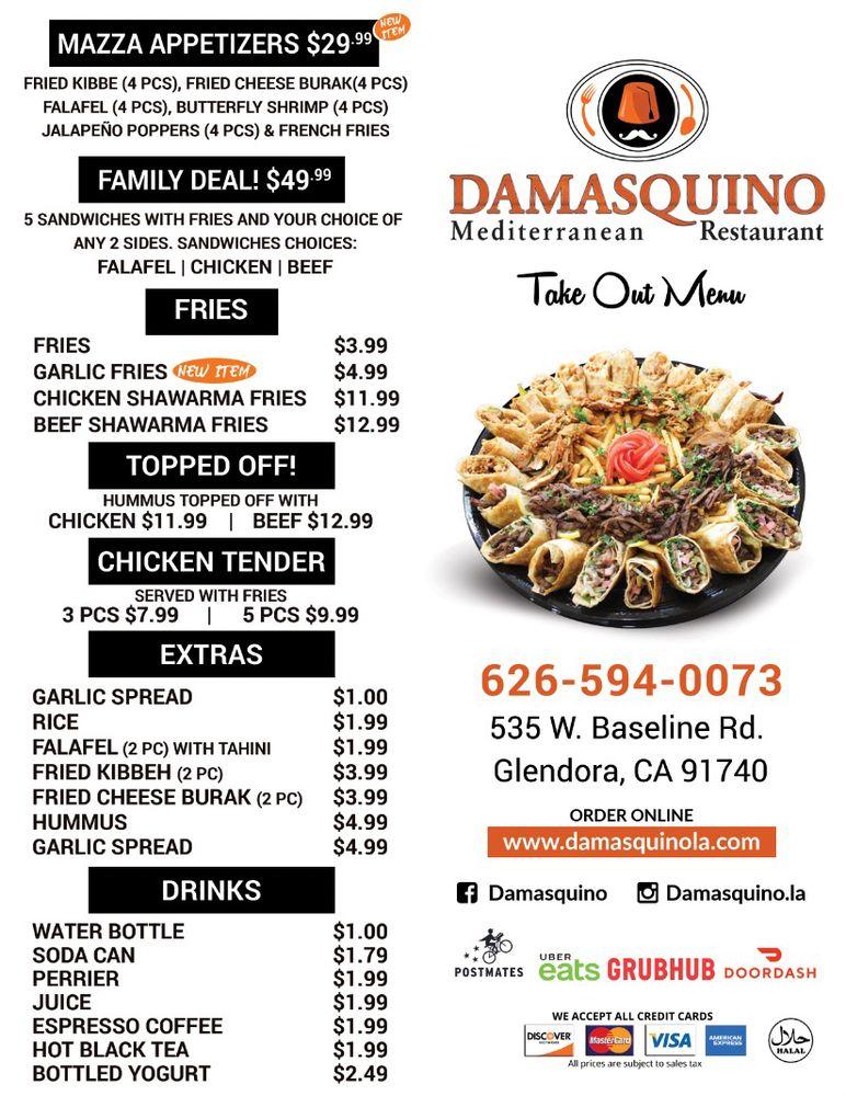 Menu at Damasquino restaurant, Glendora