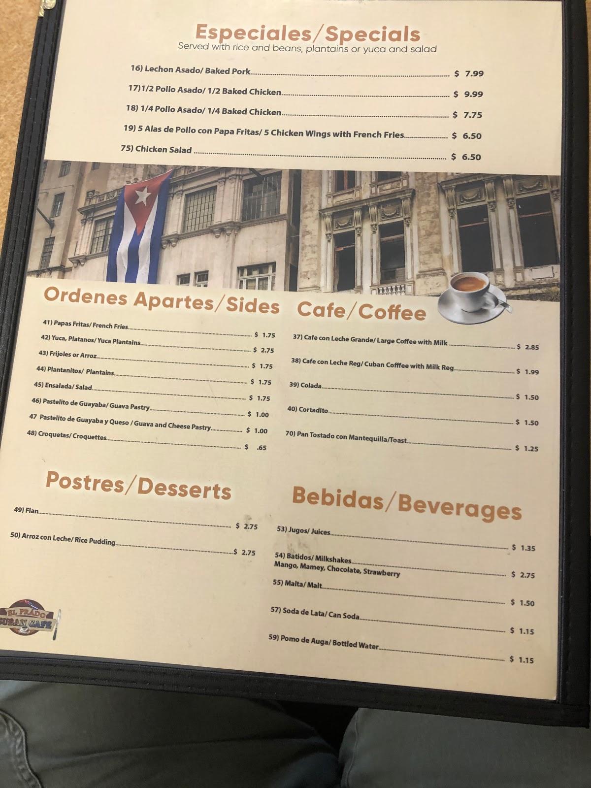 Menu at El Prado Cuban Cafe, Belle Glade