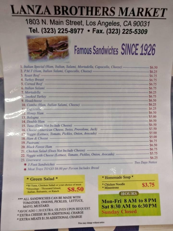 Menu at Lanza Brothers Market restaurant, Los Angeles