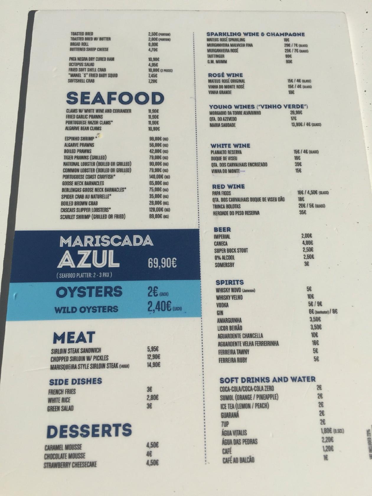 Menu em Marisqueira Azul - Praça do Comércio restaurante, Lisboa