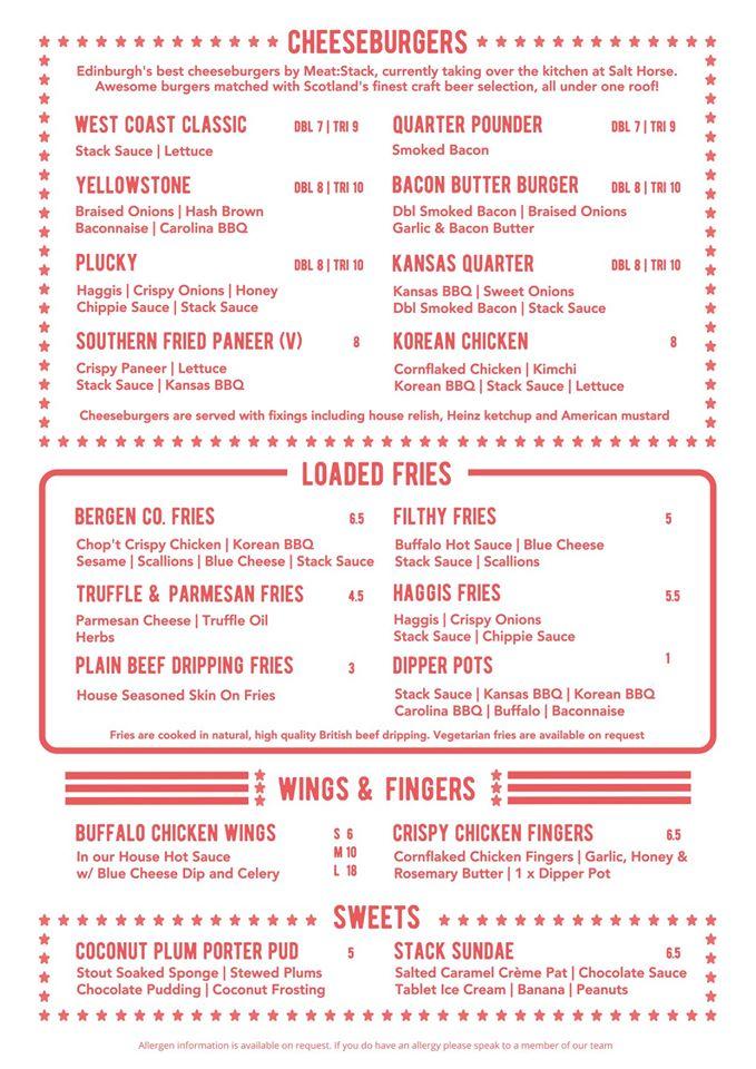 Menu at Meat Stack restaurant, Edinburgh