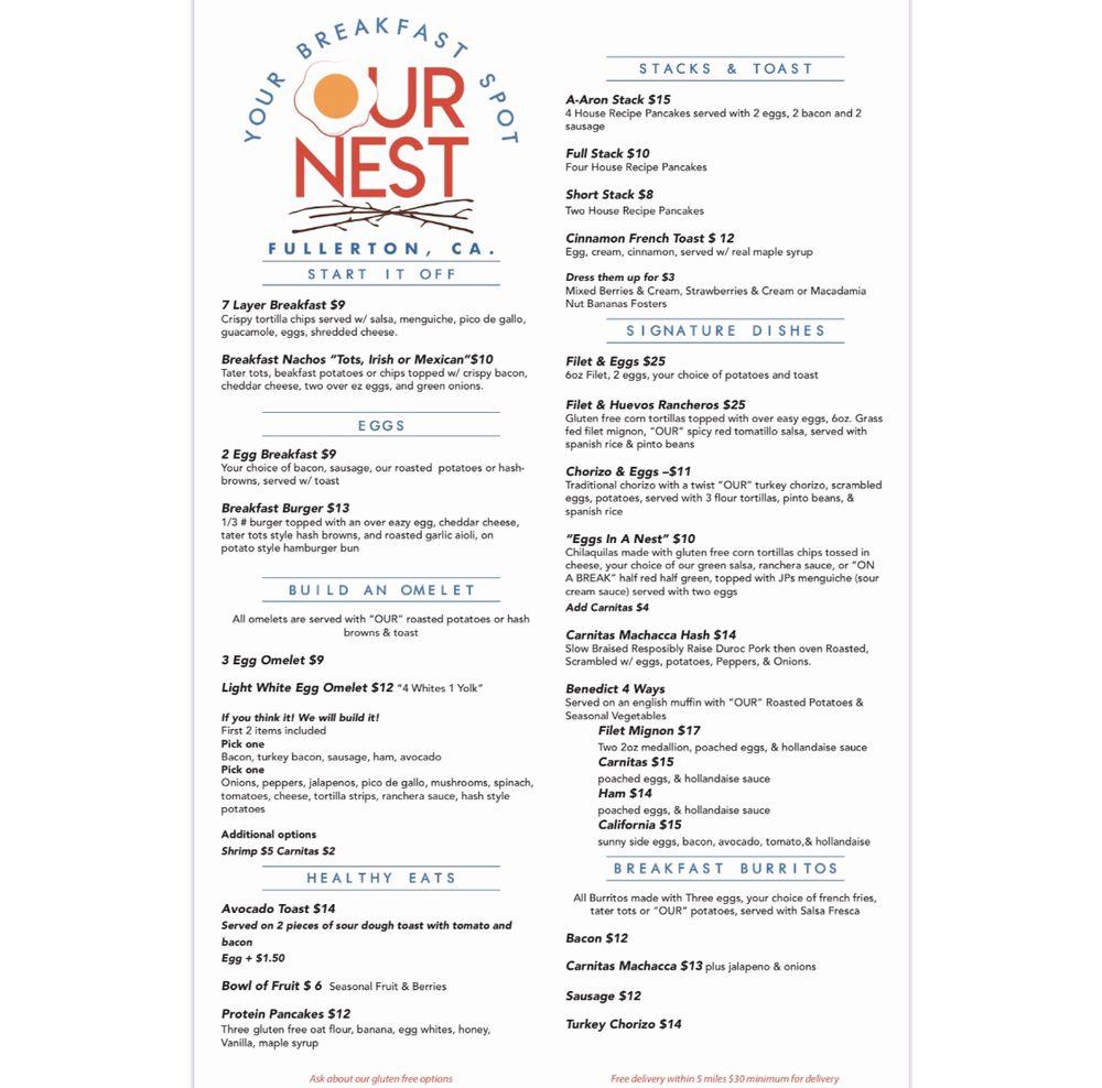 Menu at Our Nest restaurant, Fullerton