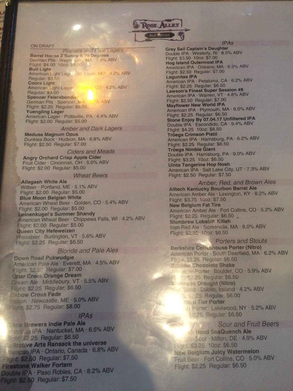 Menu at Rose Alley Ale House pub & bar, New Bedford