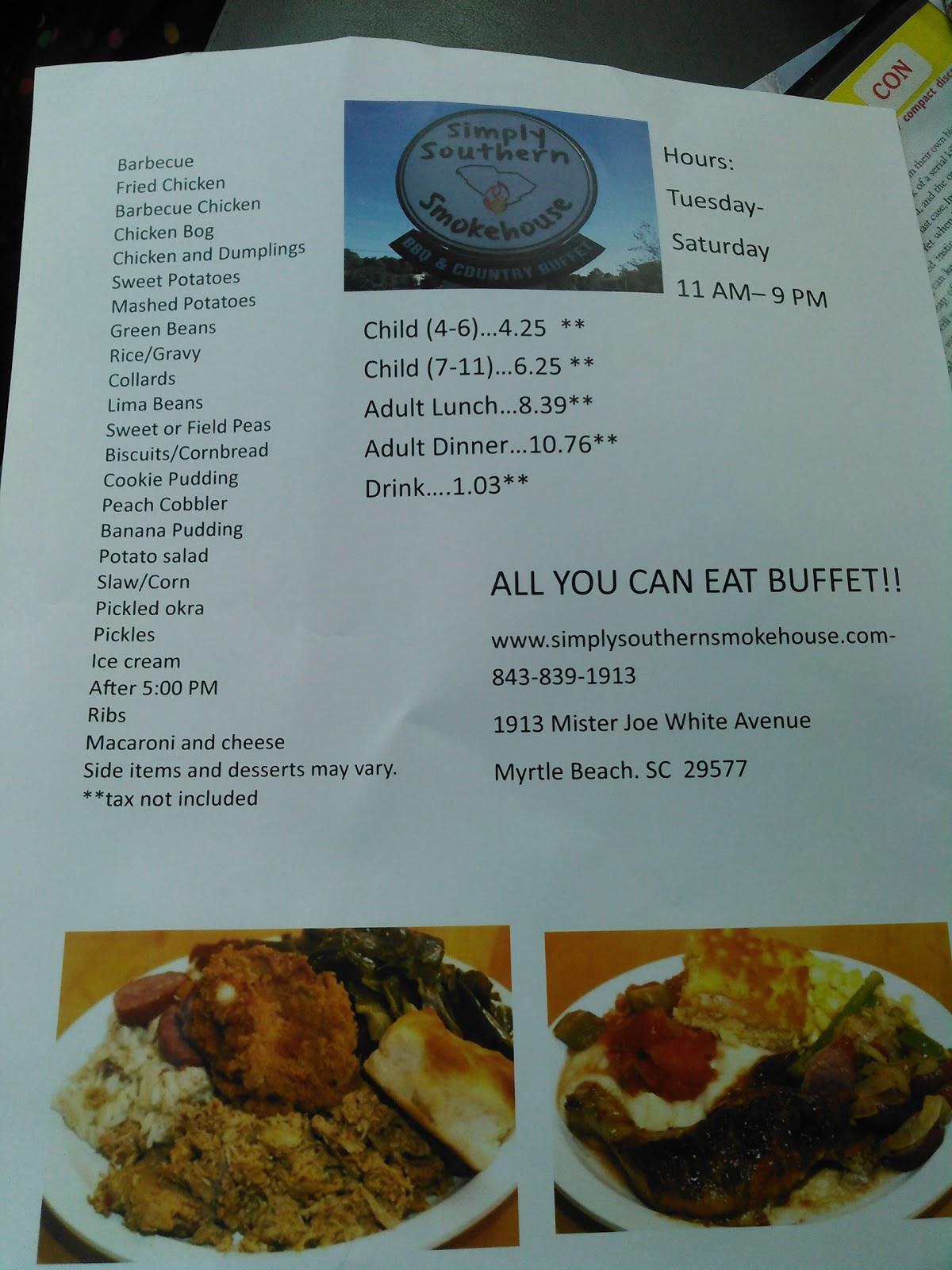 Menu at Simply Southern Smokehouse BBQ, Myrtle Beach
