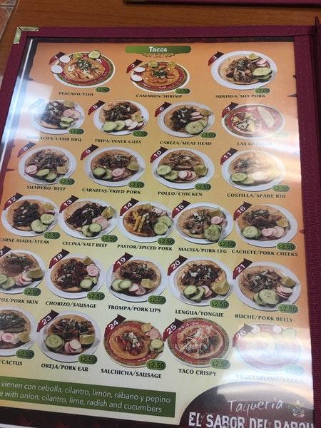 Menu at Taqueria El Sabor del Parque restaurant, Baltimore