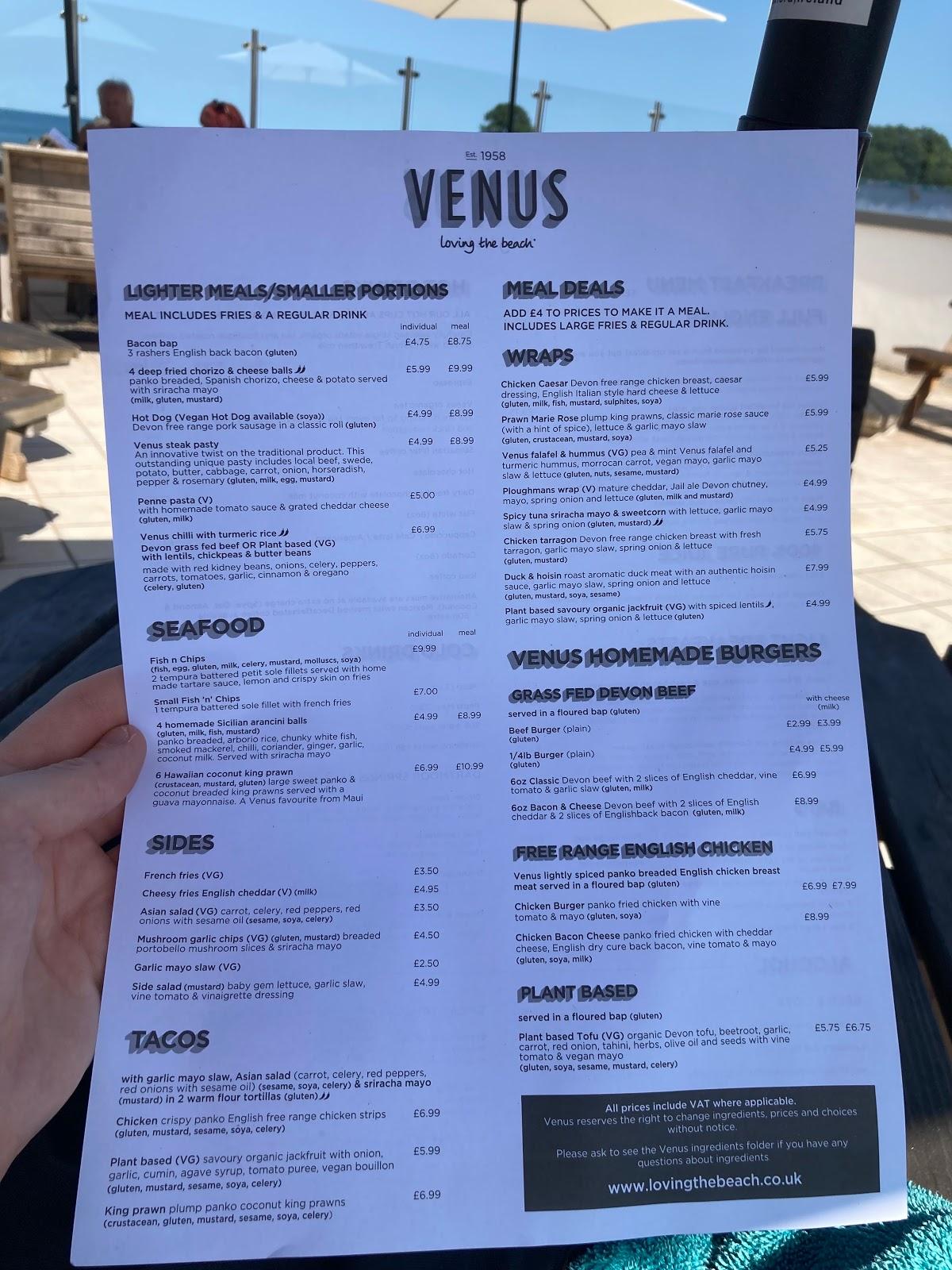 Menu at The Venus Cafe Broadsands, Paignton