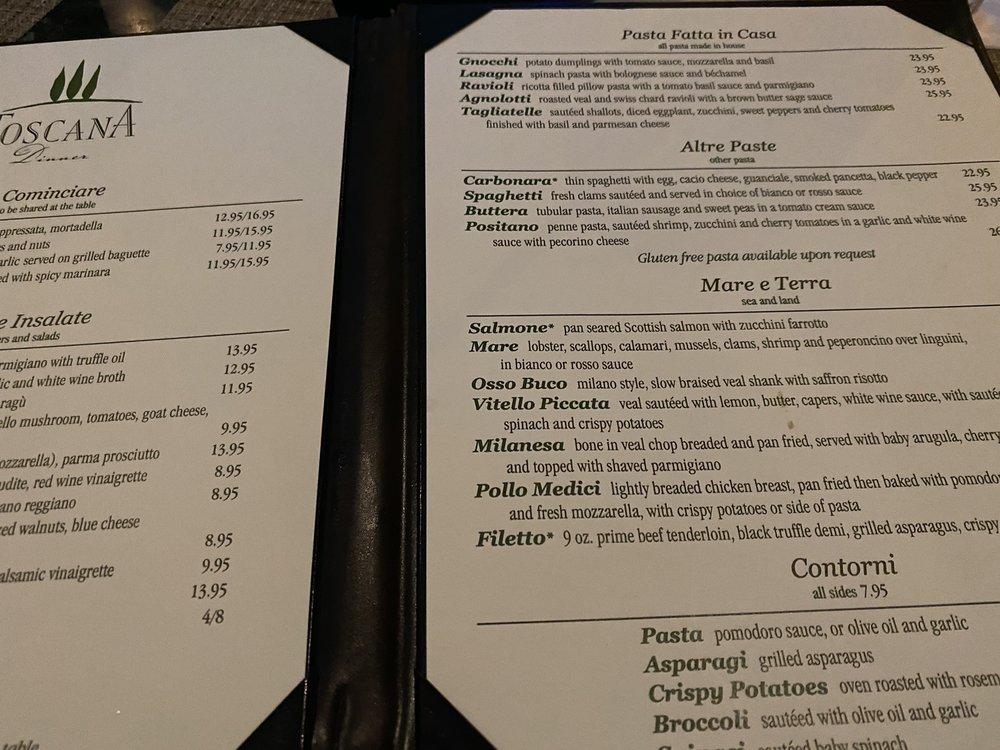 Menu at Toscana restaurant, Charlotte