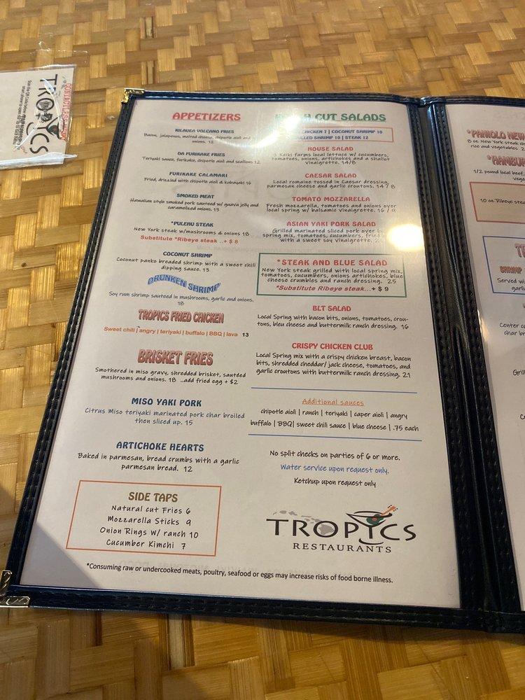 Menu at Tropics Taphouse Kona pub & bar, Kailua-Kona