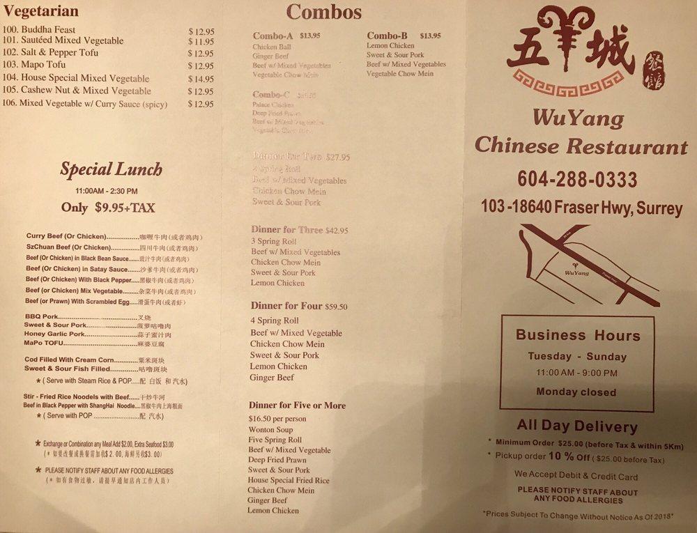 Menu at Wu Yang Chinese Restaurant 五羊城中餐館 Din-In, Pickup & Delivery, Surrey