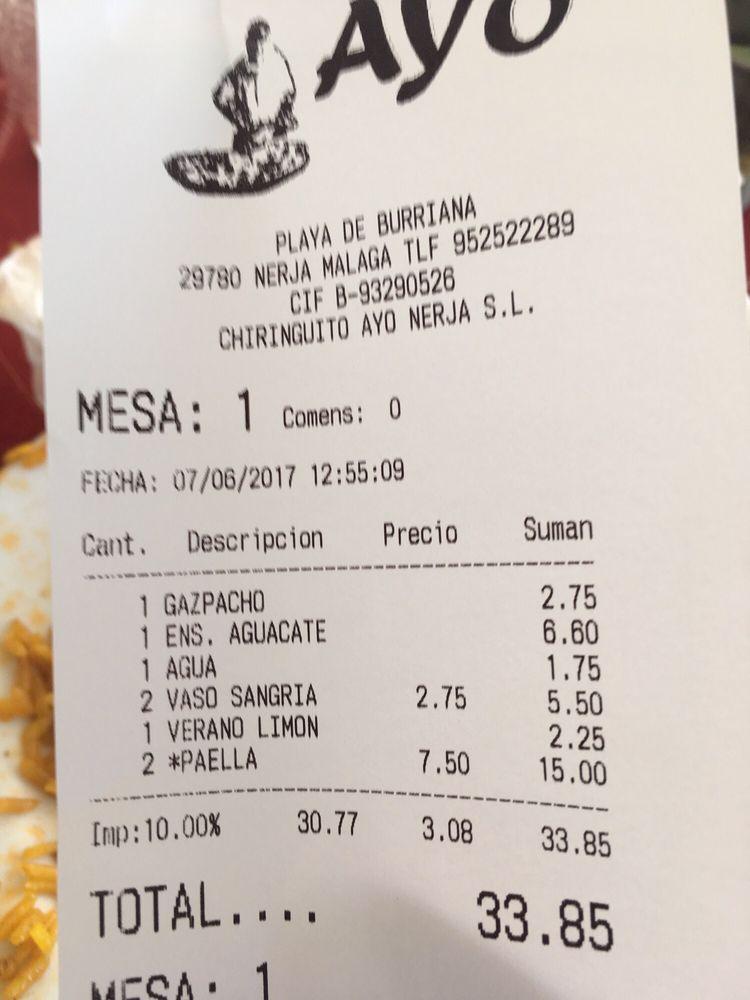 Menu at Chiringuito Ayo restaurant, Nerja