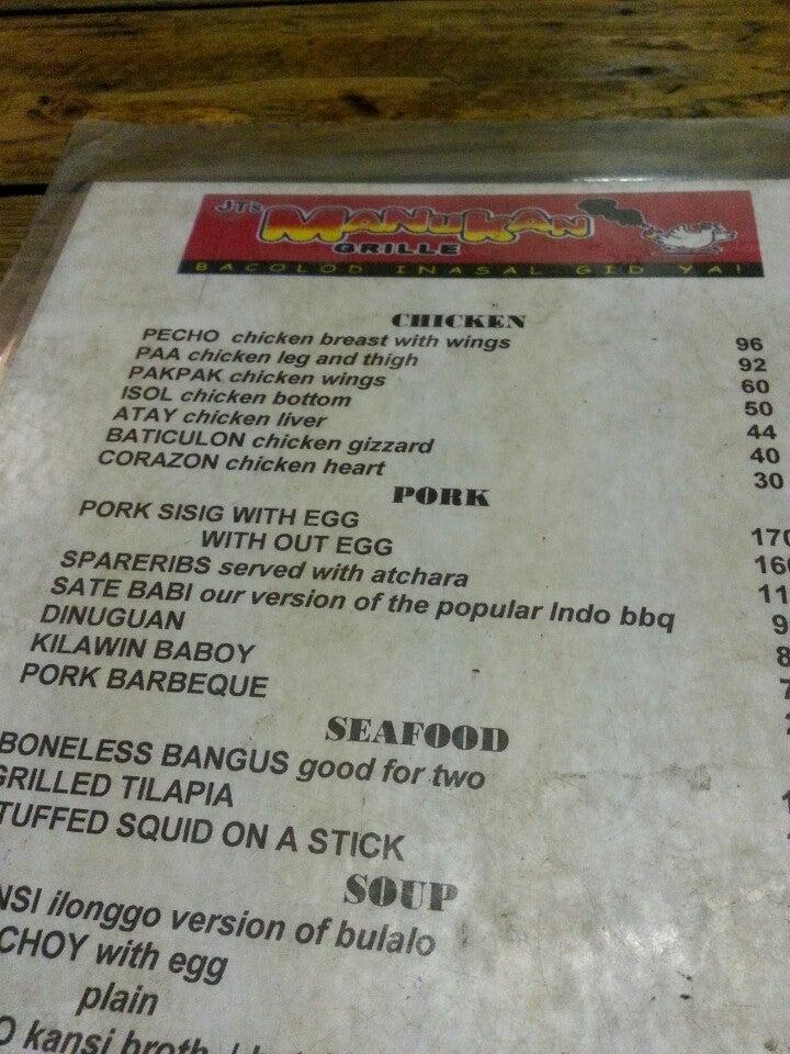 Menu at JT's Manukan Grille restaurant, Quezon City, 4 Granada