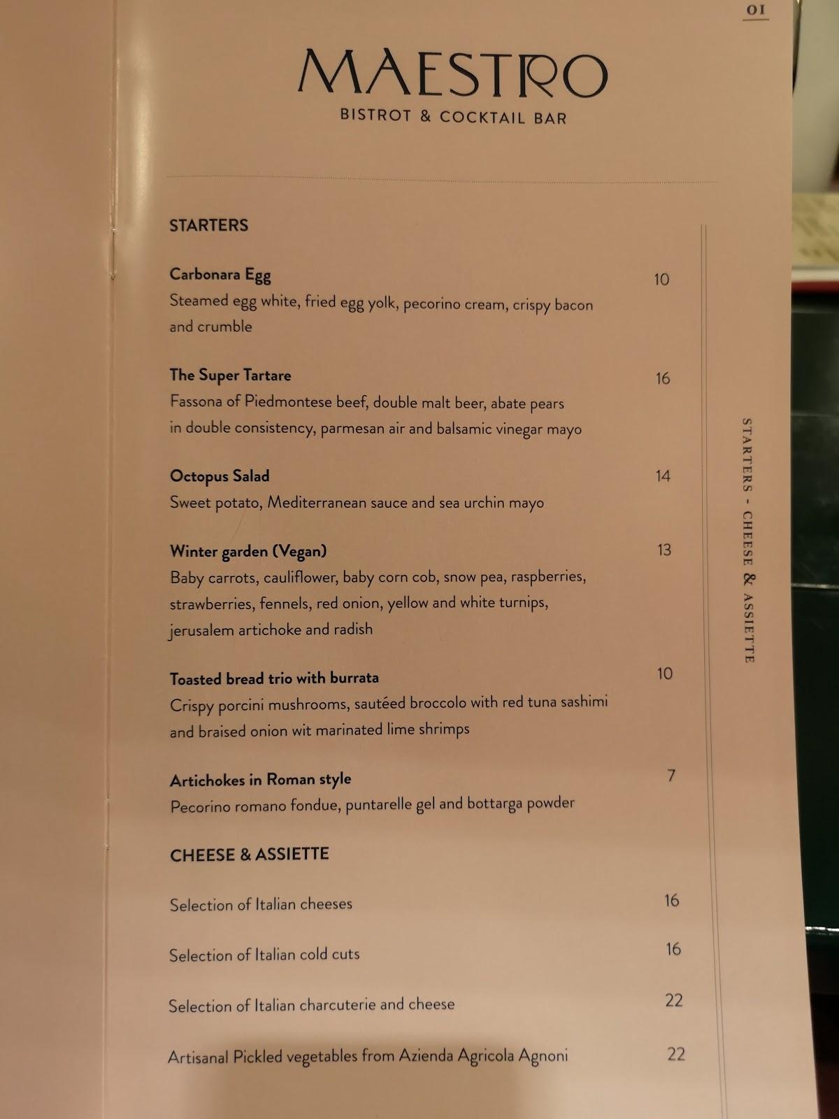 Menu at Maestro Bistrot restaurant, Rome